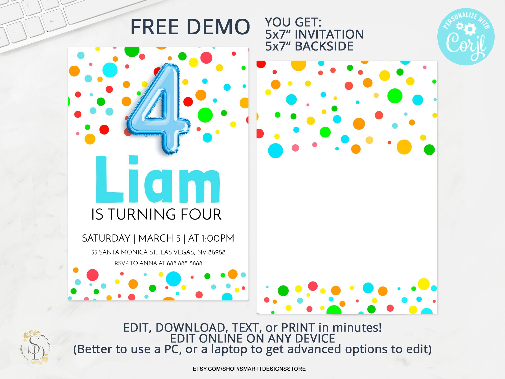 Editable Boy 4th Birthday Polka Dots Invitation, Boy Fourth Party ...