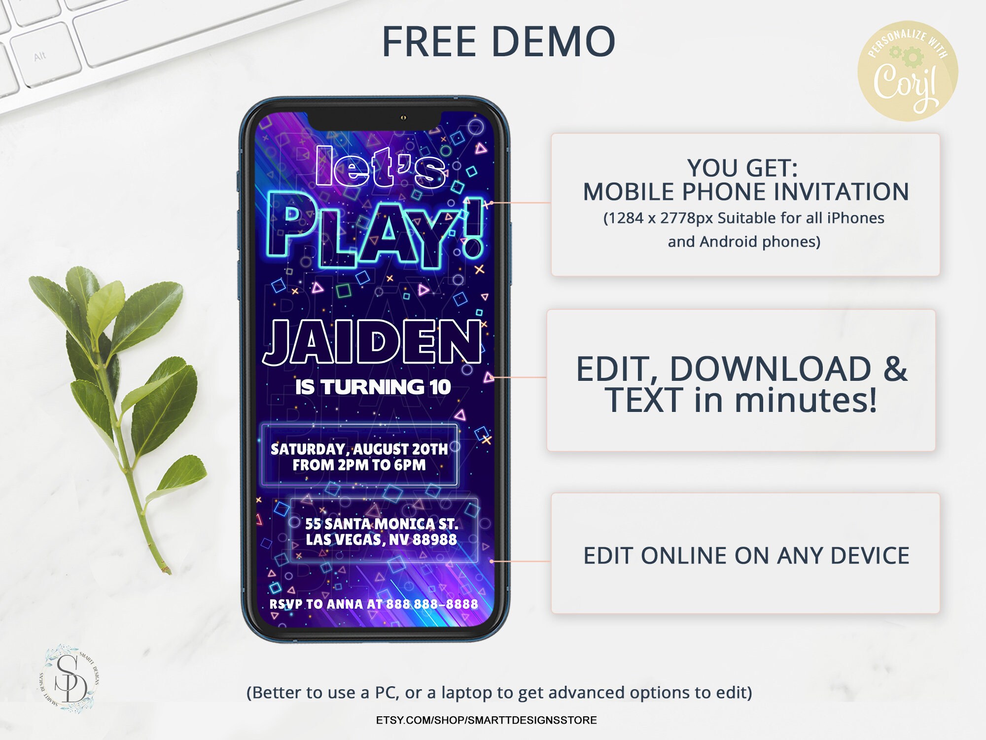 Editable Playground Birthday Invite, Video Game Party Phone Invitation ...