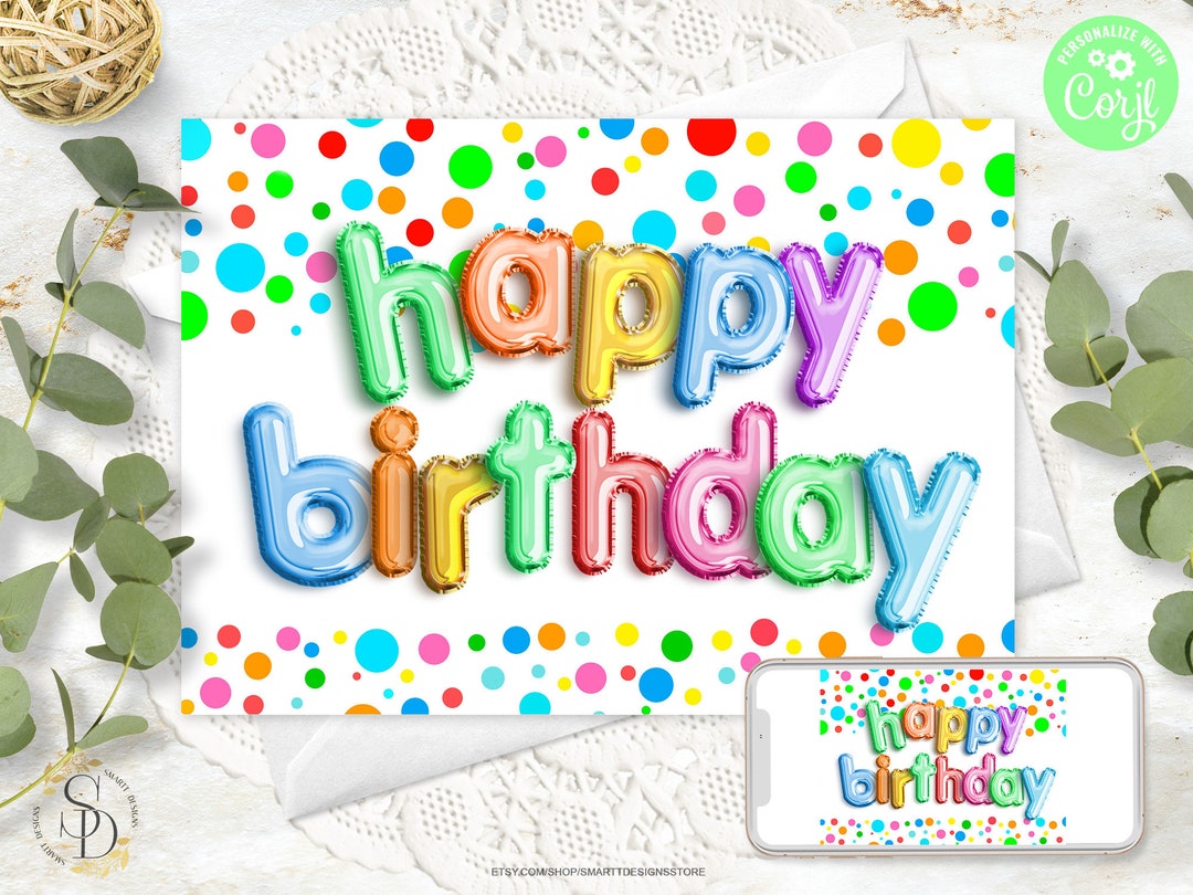 Editable Generic Birthday Card, Happy Birthday Rainbow Polka Dots Card ...