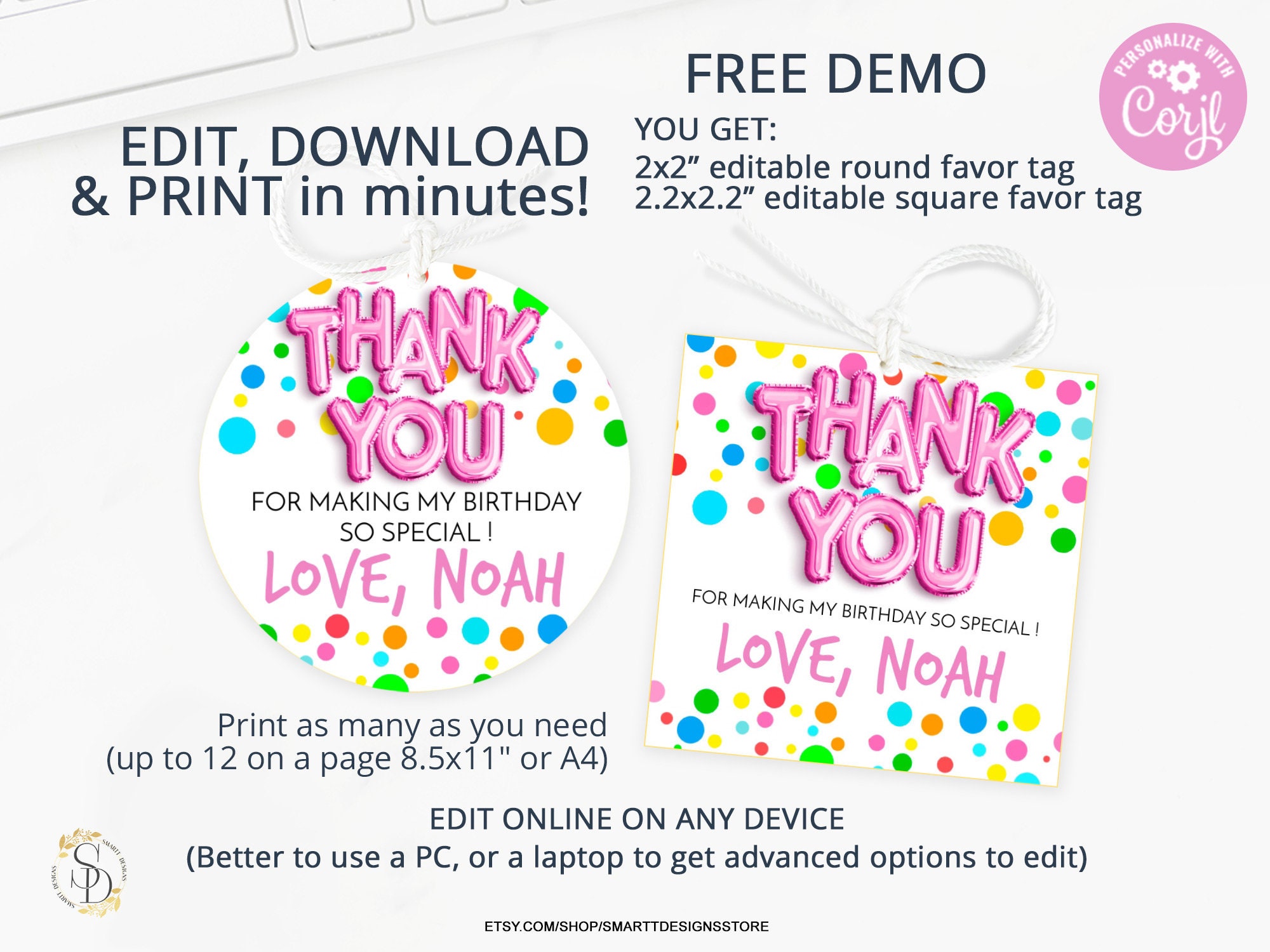 Editable Polka Dots Girl Birthday Thank You Tags Colorful - Etsy