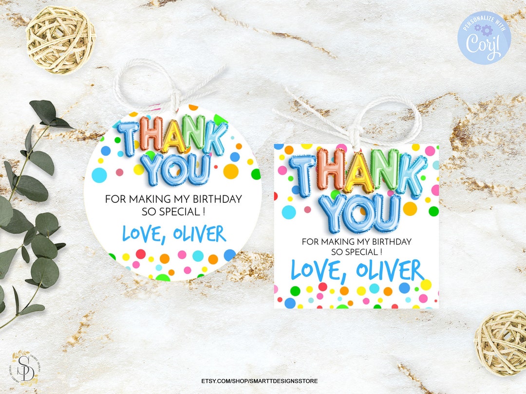 Editable Polka Dots Boy Birthday Thank You Tag, Colorful Spots Birthday ...