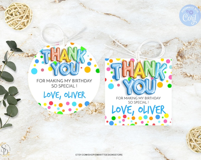 Editable Polka Dots Boy Birthday Thank You Tag, Colorful Spots Birthday ...