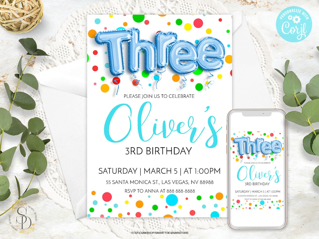 Editable Boy Three Birthday Polka Dots Invitation, Boy Third Party ...