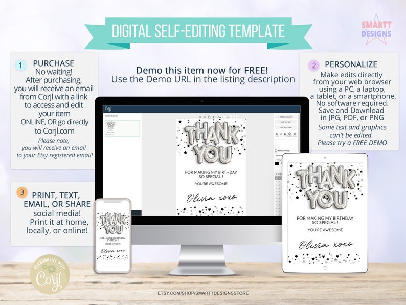 Girl Birthday Thank You Card: Black Silver Stars (printable Template ...