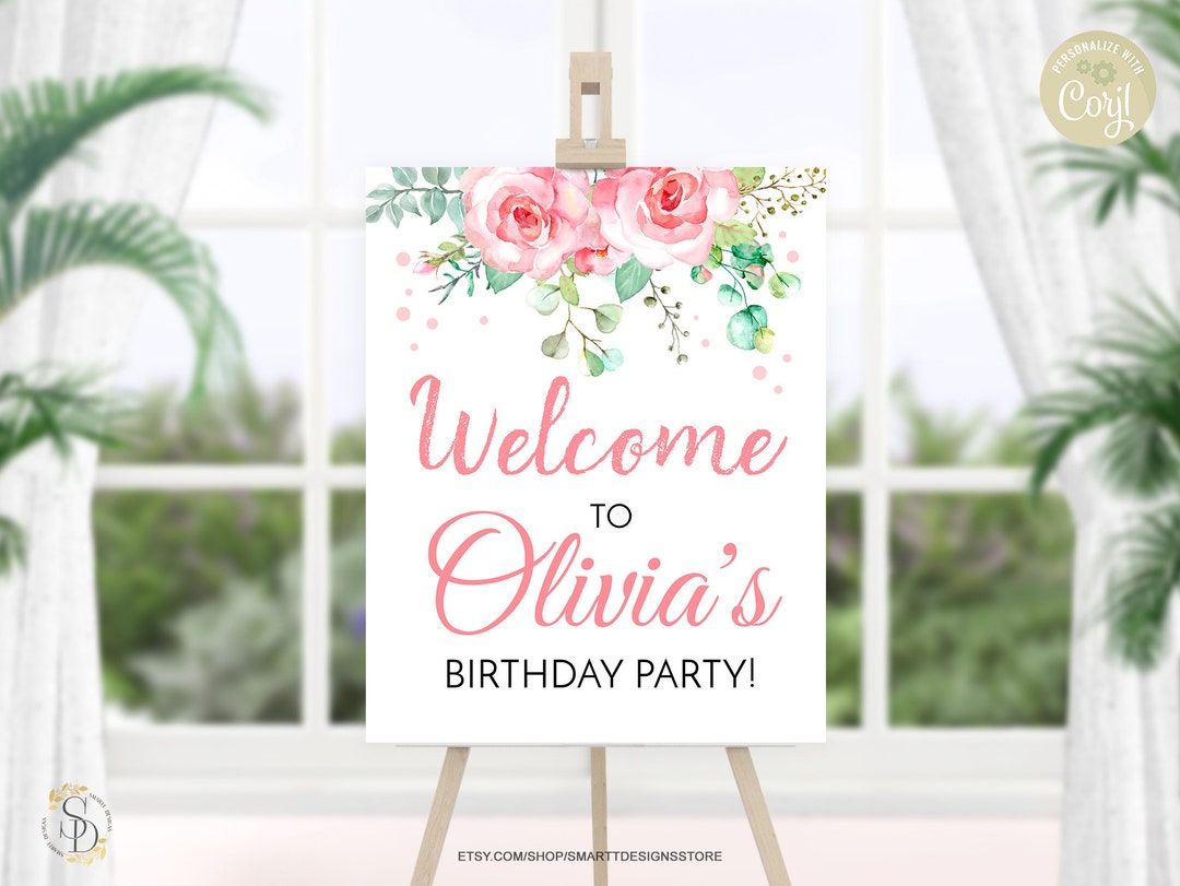 Blush Pink Floral Welcome Sign Template: Editable Birthday Party Decor ...
