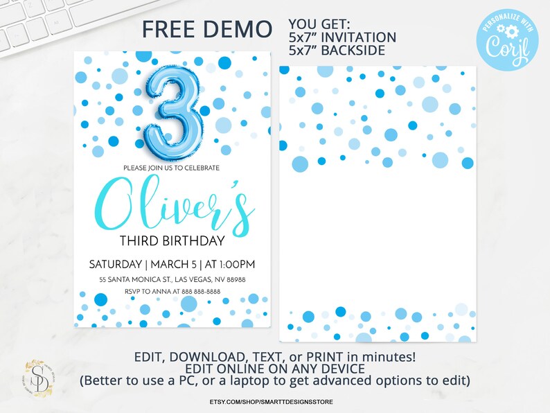 Editable Boy Third Birthday Invitation Boy 3rd Birthday Party Polka editable-boy-third-birthday-invitation-boy-3rd-birthday-party-polka