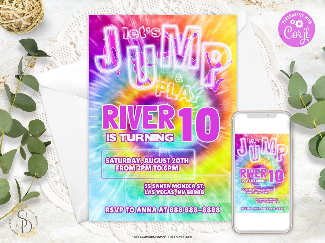 Editable Jump Tie Dye Birthday Party Invite, Trampoline Party ...