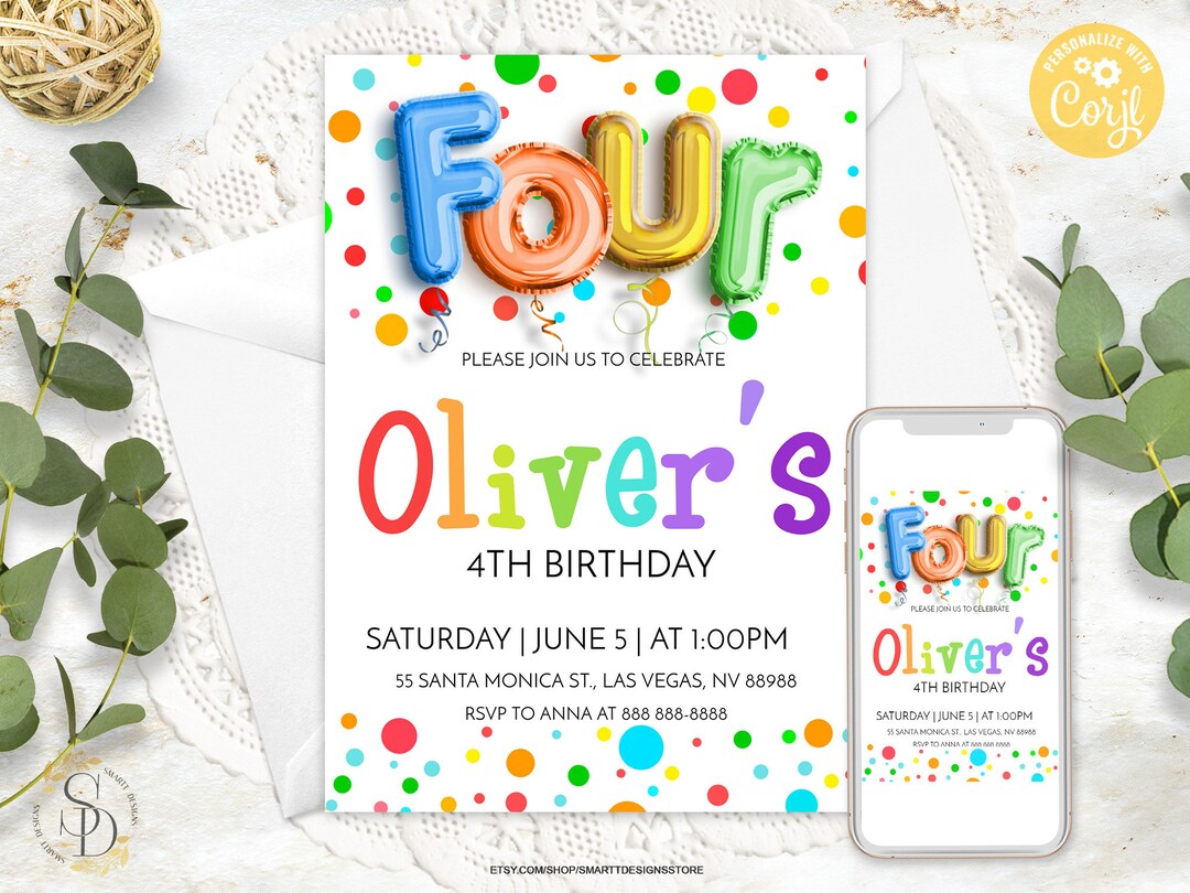 Editable Fourth Birthday Rainbow Polka Dots Invitation, Gender Neutral ...