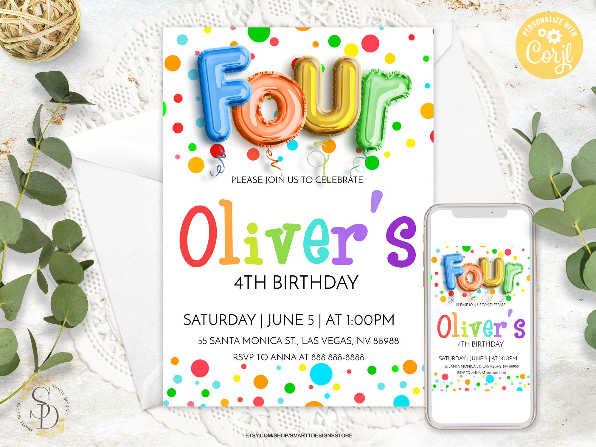 Editable Fourth Birthday Rainbow Polka Dots Invitation, Gender Neutral ...