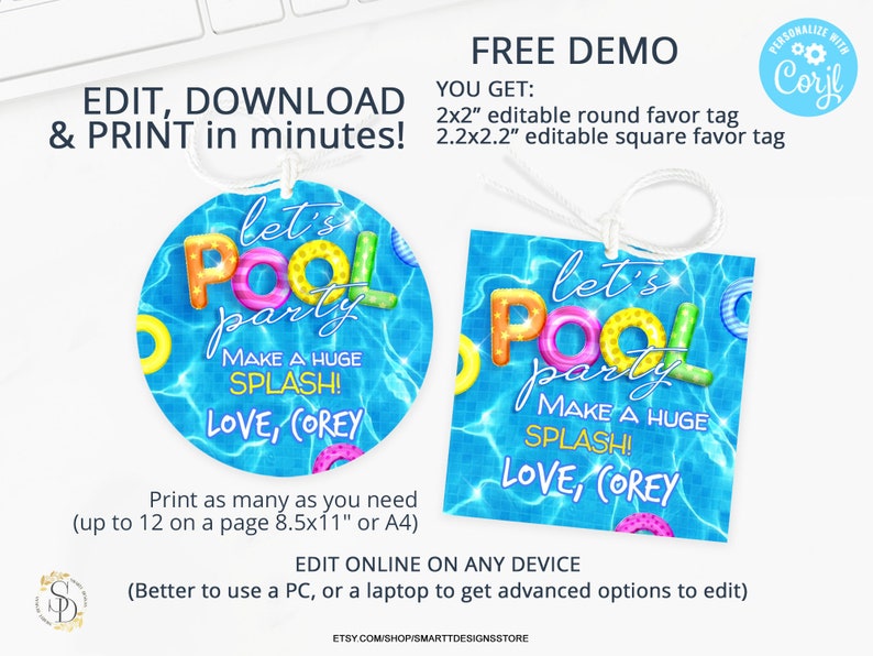 Editable Pool Party Favor Tags Gender Neutral Swimming - Etsy
