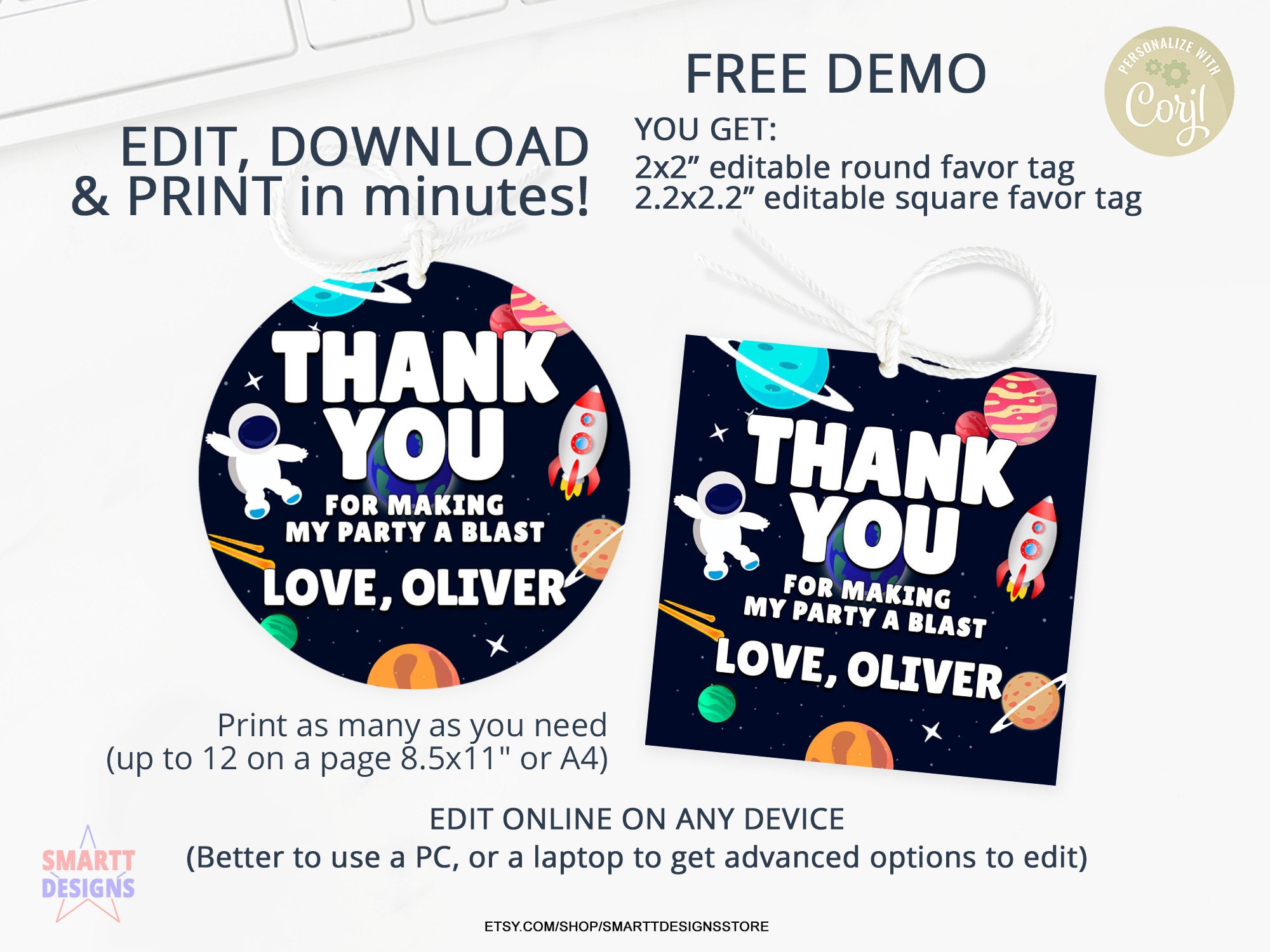 Outer Space Editable Thank You Tags, Boy Birthday Planets Favor Tag ...