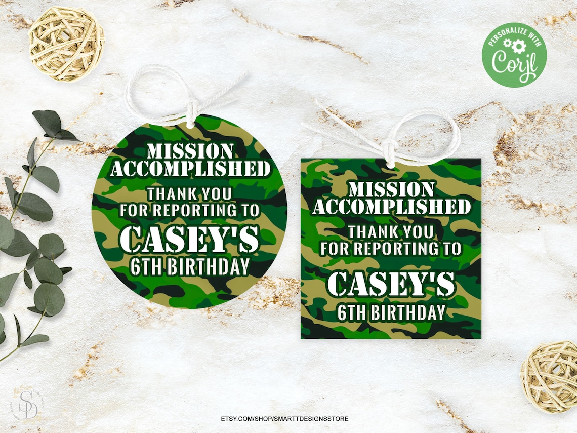 Editable Army Birthday Thank You Tags, Boy Military Party Favor Labels ...