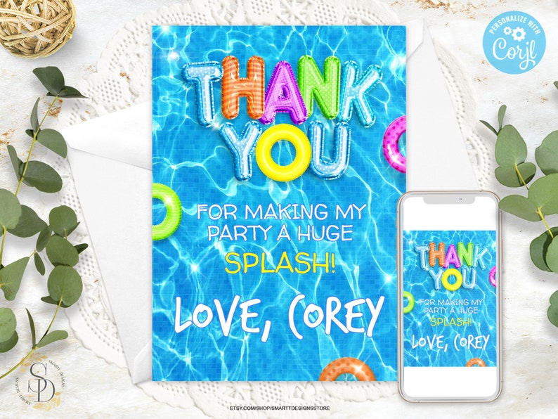 Editable Summer Pool Party Thank You Card, Kids Pool Birthday Thank You ...