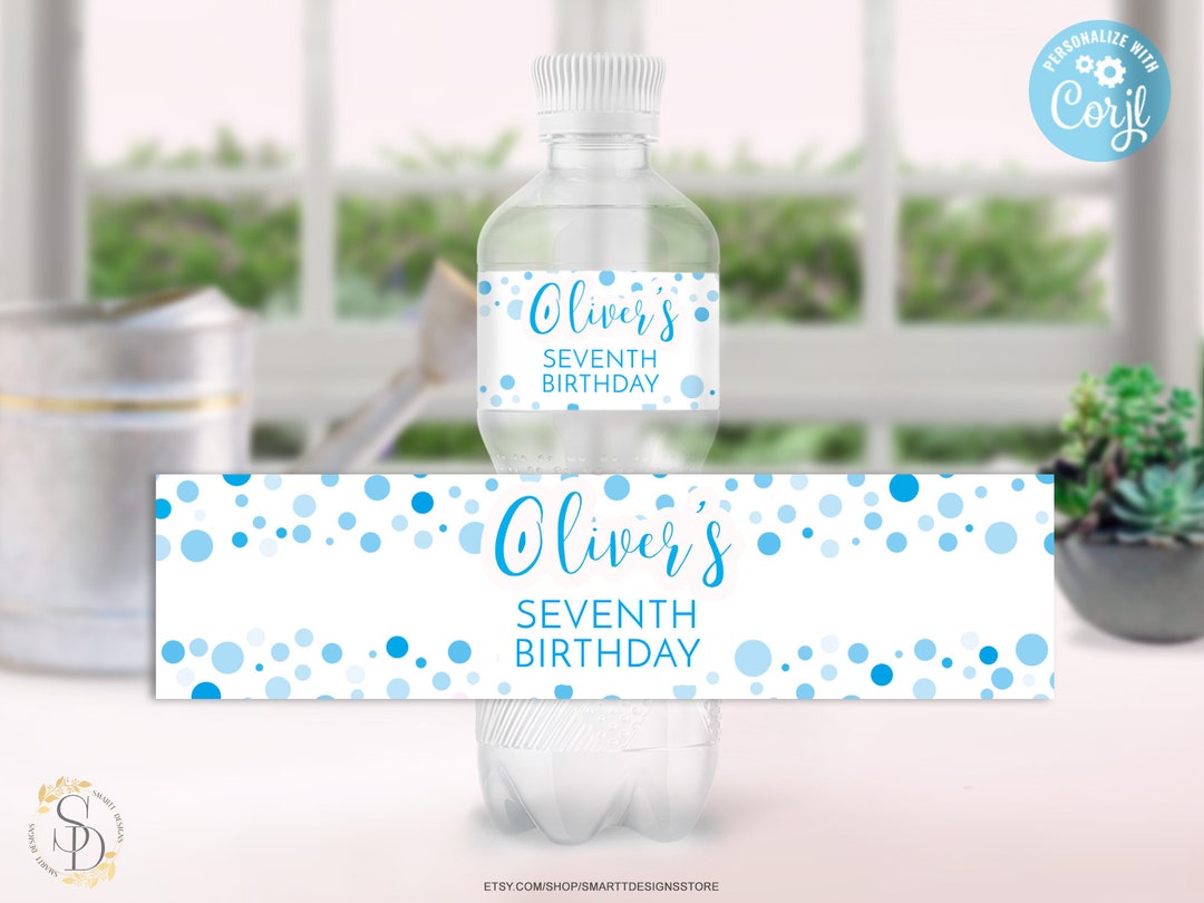 Editable Polka Dots Water Bottle Labels, Birthday Party Supply, Blue ...
