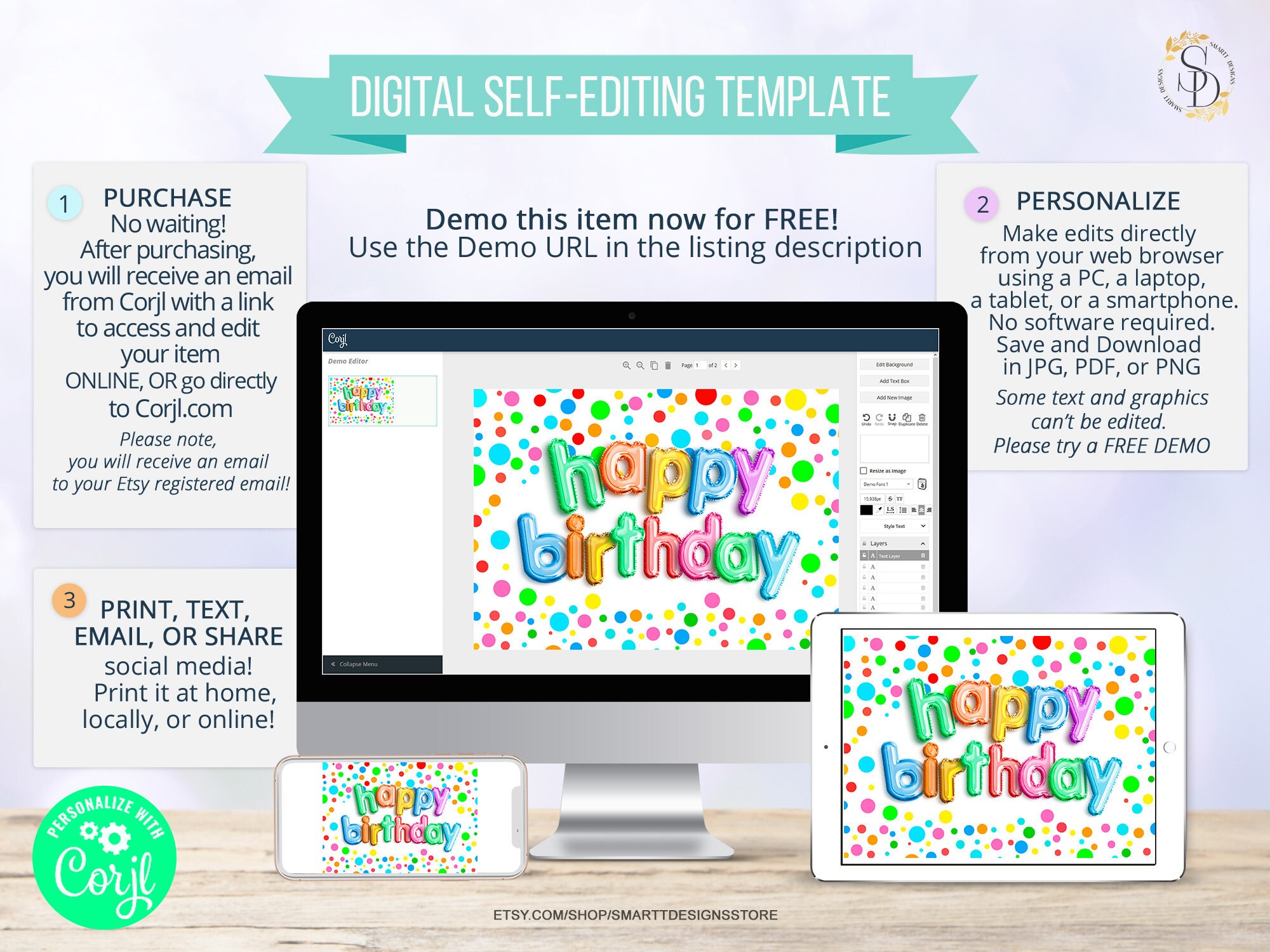 Editable Generic Birthday Card, Happy Birthday Rainbow Polka Dots Card ...