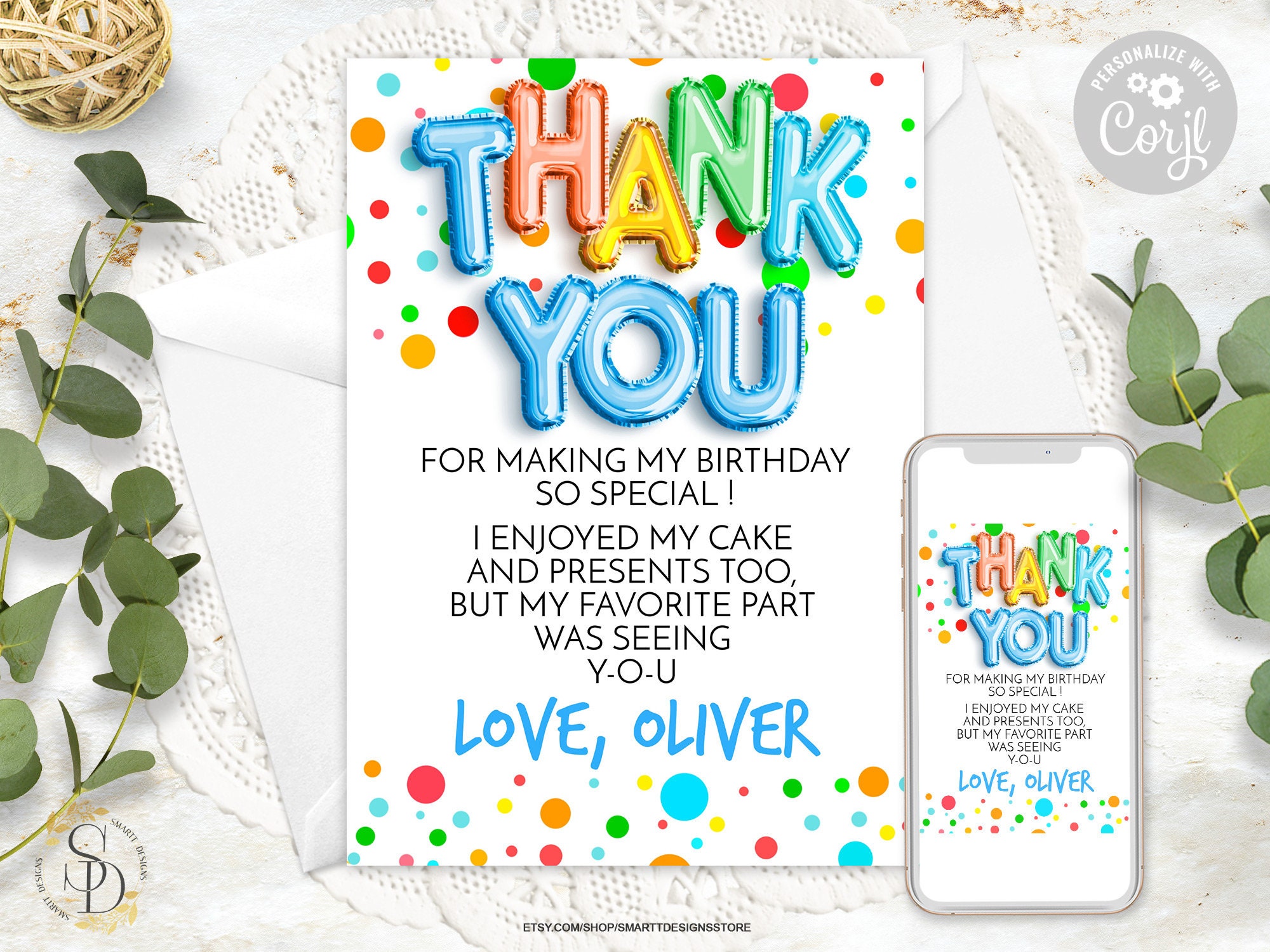 Editable Boy Birthday Thank You Card Rainbow Polka Dots, Balloons Thank ...