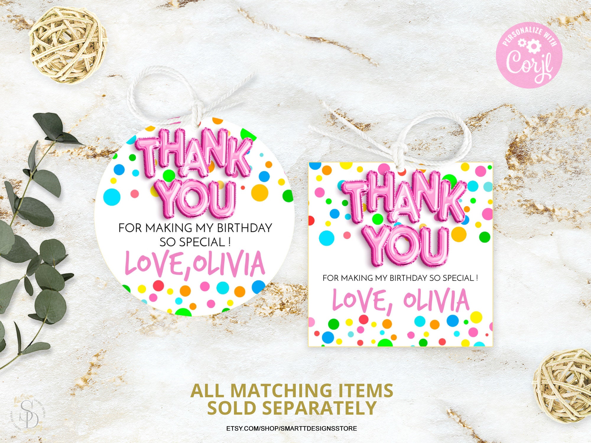 Editable Polka Dots Girl Birthday Thank You Tag Girls Party - Etsy