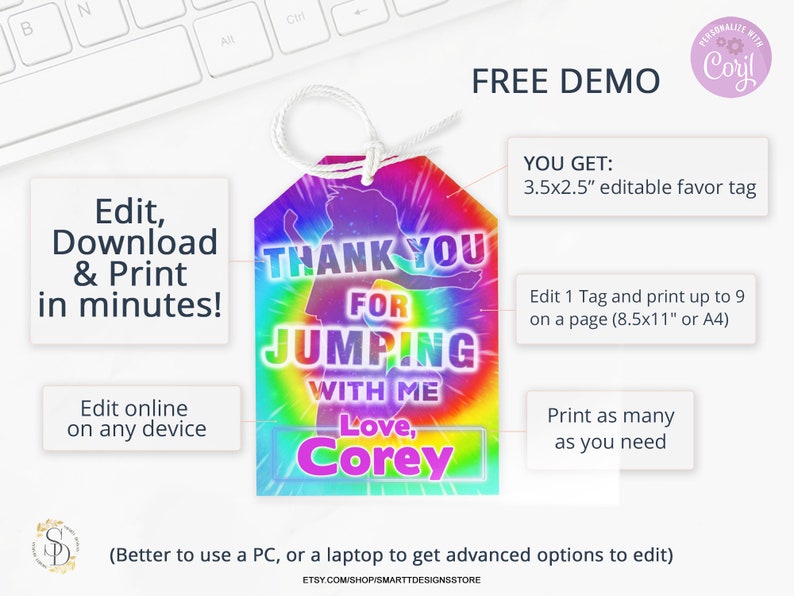 Editable Jump Birthday Party Gift Labels, Tie Dye Trampoline Party ...