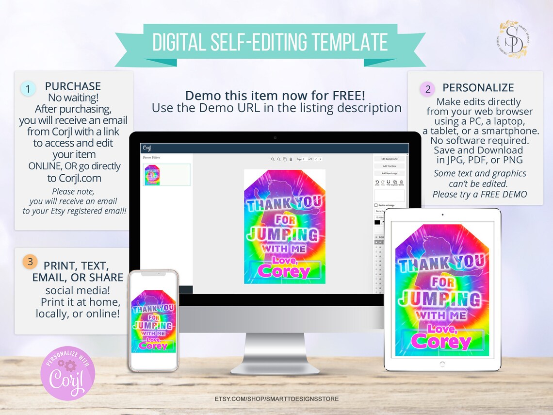 Editable Jump Birthday Party Gift Labels Tie Dye Trampoline - Etsy