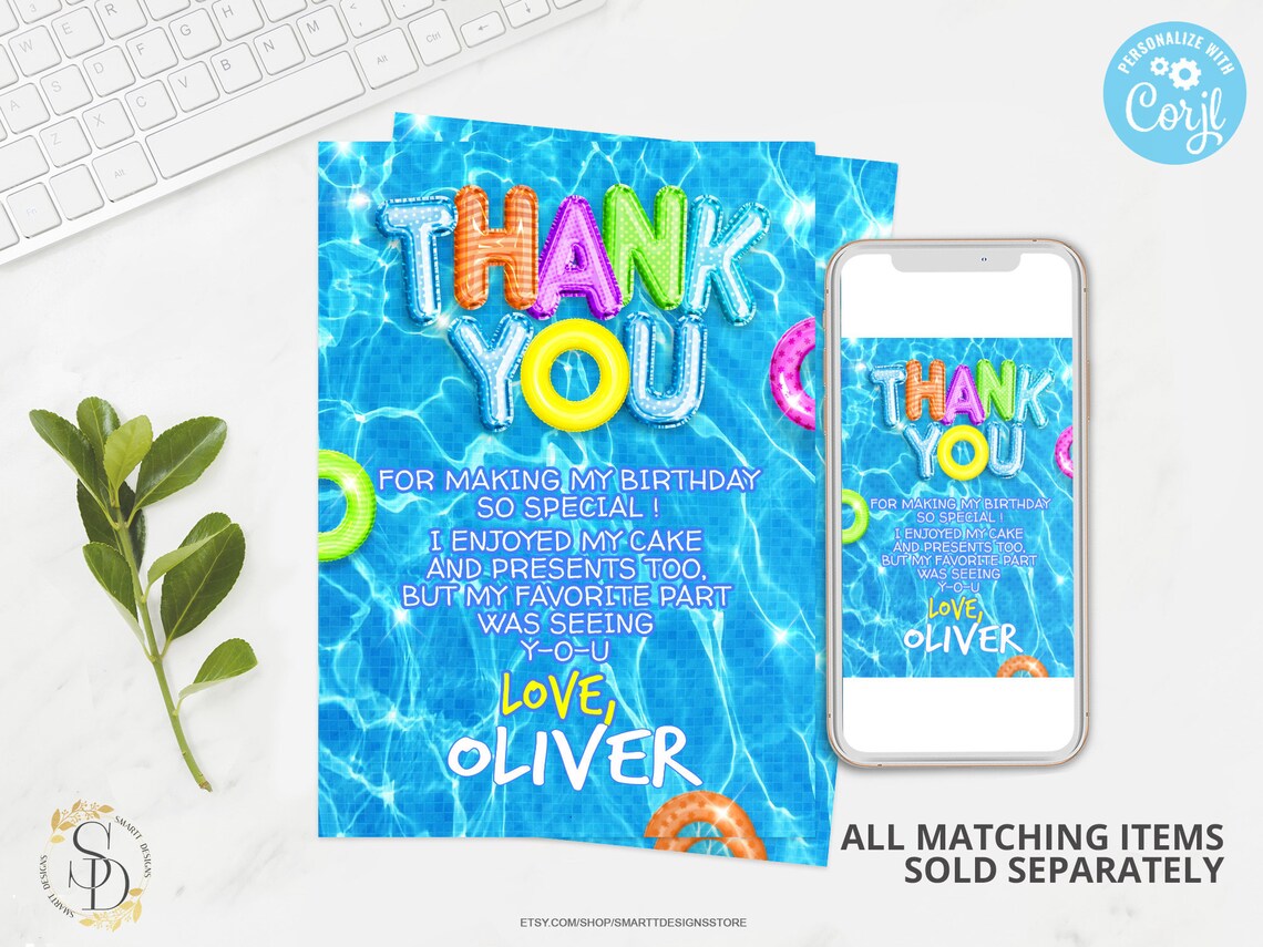 Editable Pool Party Thank You Card Summer Pool Birthday Thank - Etsy