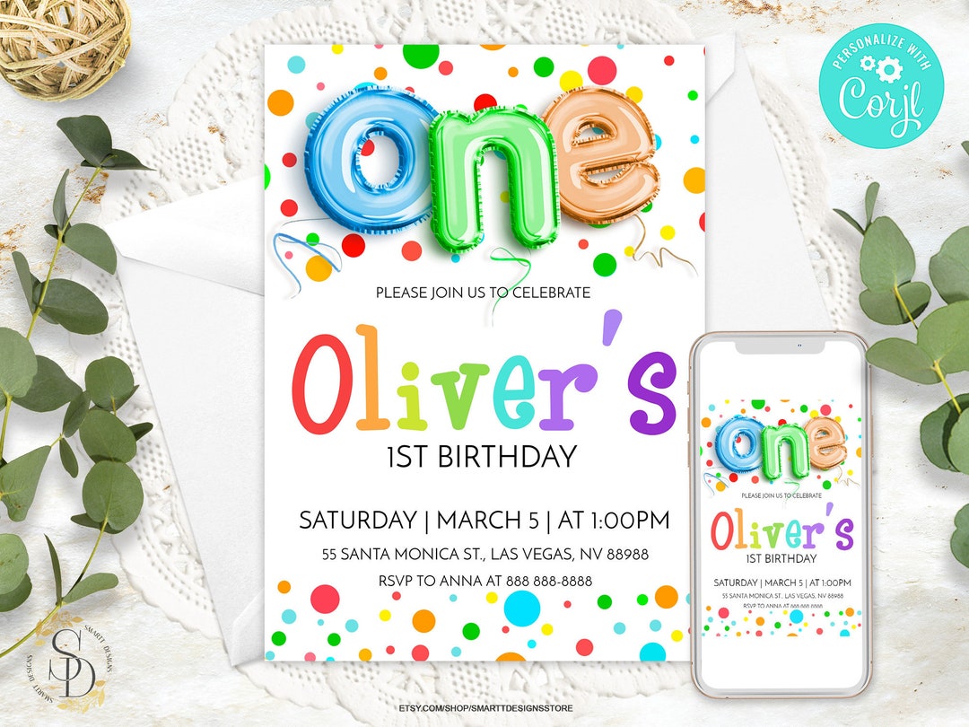 Editable Boy First Birthday Rainbow Polka Dots Invitation, Baby One ...