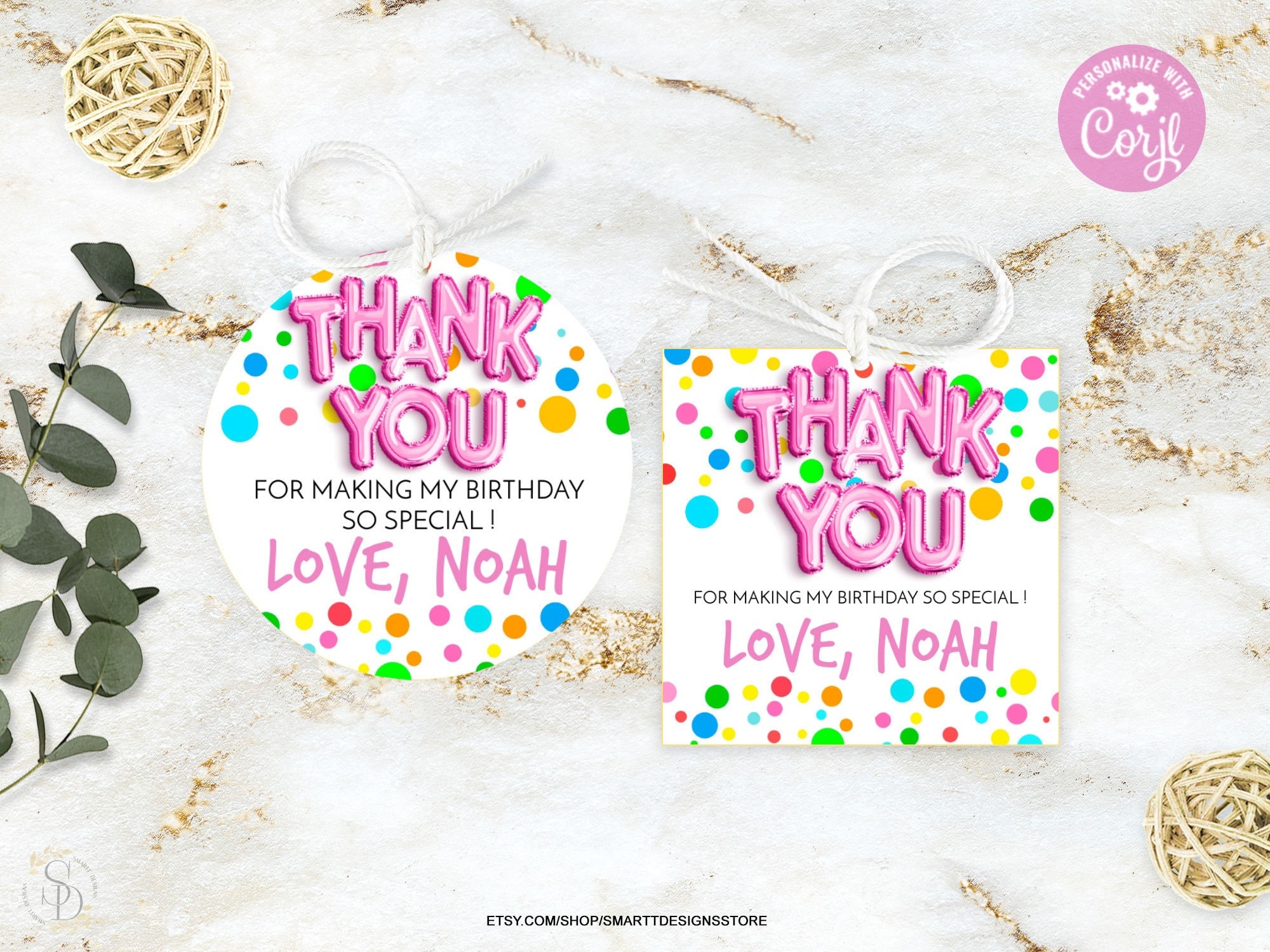 Editable Polka Dots Girl Birthday Thank You Tags Colorful - Etsy