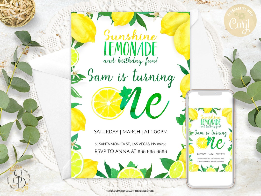 Editable Lemon First Birthday Invitation Template, Sunshine Lemonade ...