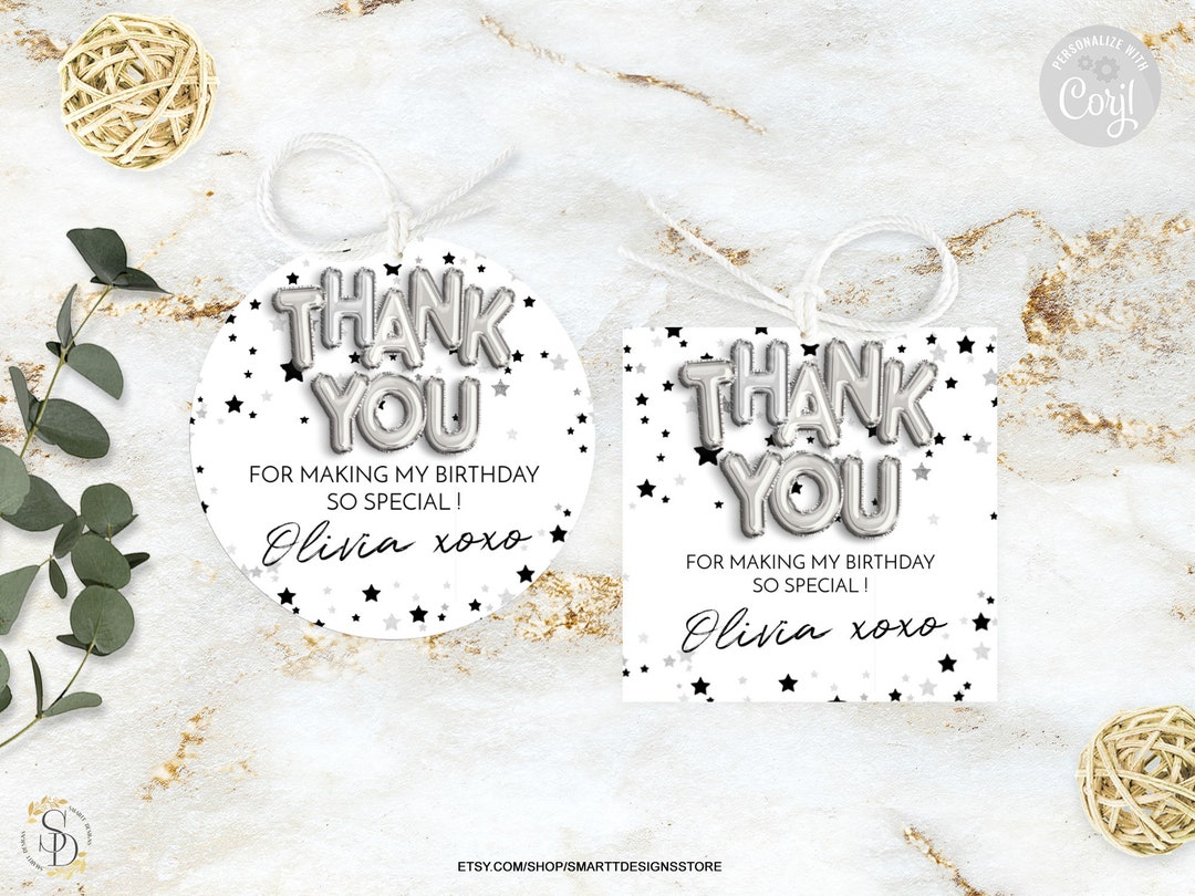 Editable Silver Balloons Birthday Thank You Tag, Stars Birthday ...