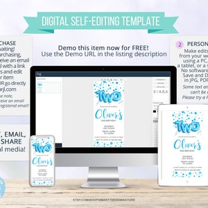 Editable Second Birthday Text Invite, Blue Polka Dots 2nd Birthday ...