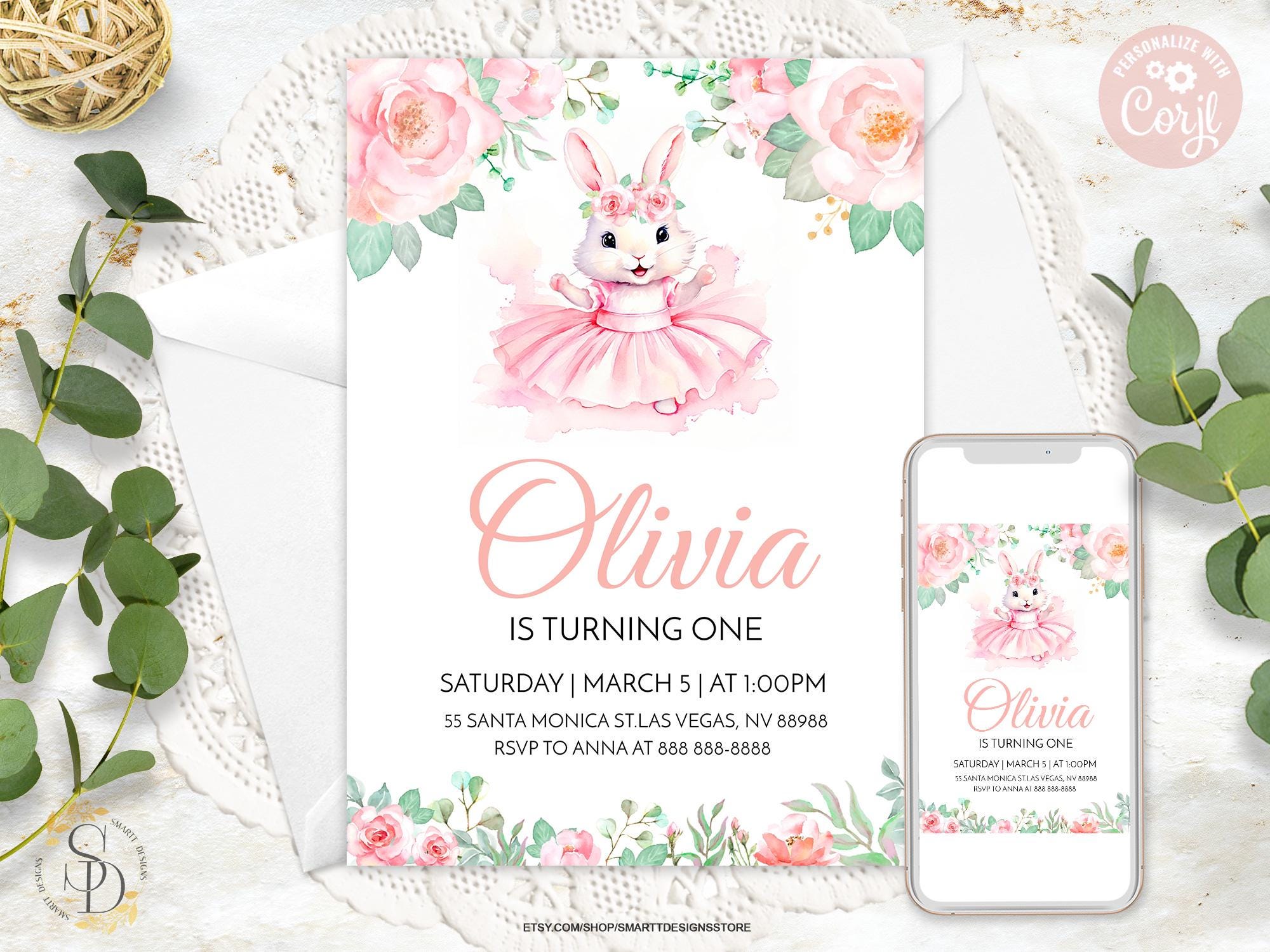 Editable Bunny Ballerina Birthday Invitation, Cute Animal Girl Party ...