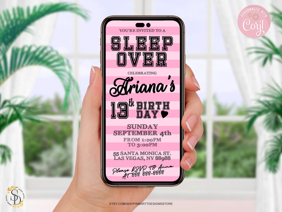 Editable Girls Sleepover Party Text Invite, Slumber Party Mobile Phone ...