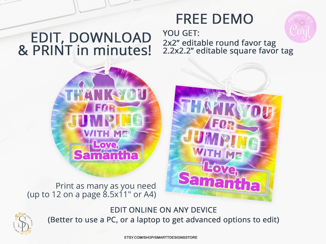 Tie Dye Jump Birthday Party Thank You Tag Editable Template, Jump Party ...