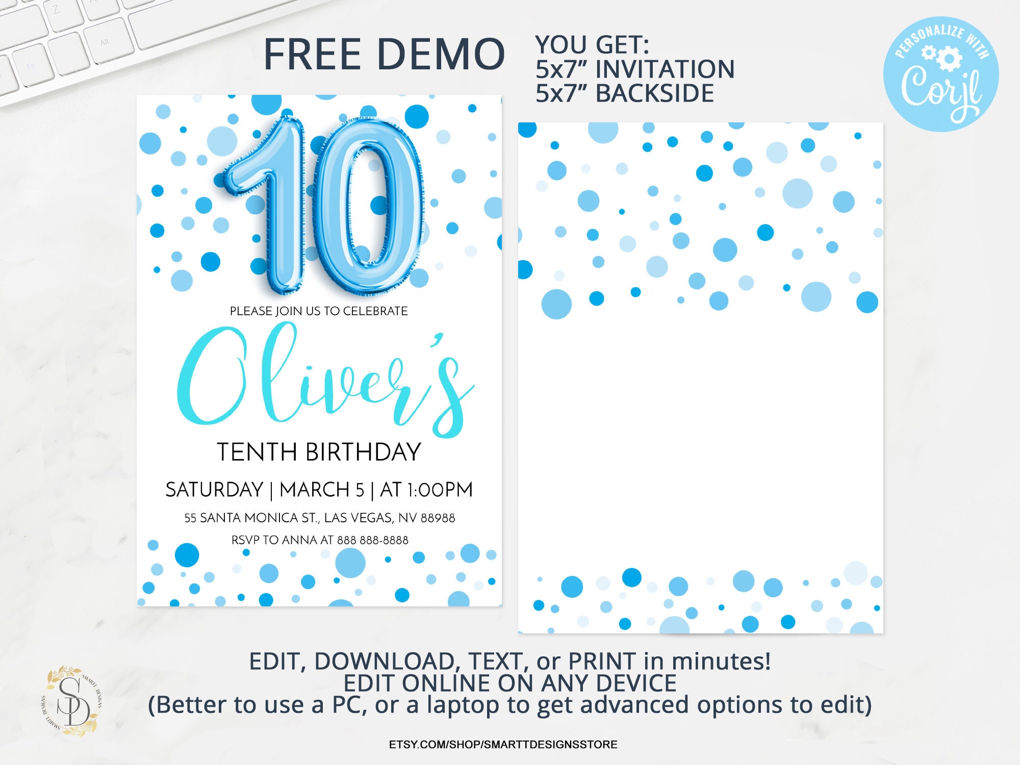 Editable Boy Tenth Birthday Invitation, Boy 10th Birthday Party Polka ...