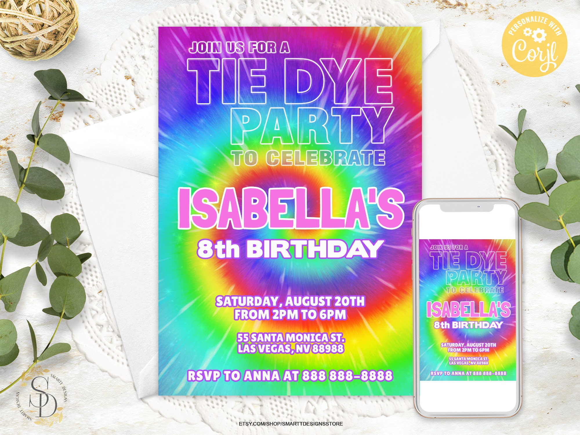Editable Tie Dye Birthday Party Invitation, Tie Dye Girls Party Invite ...