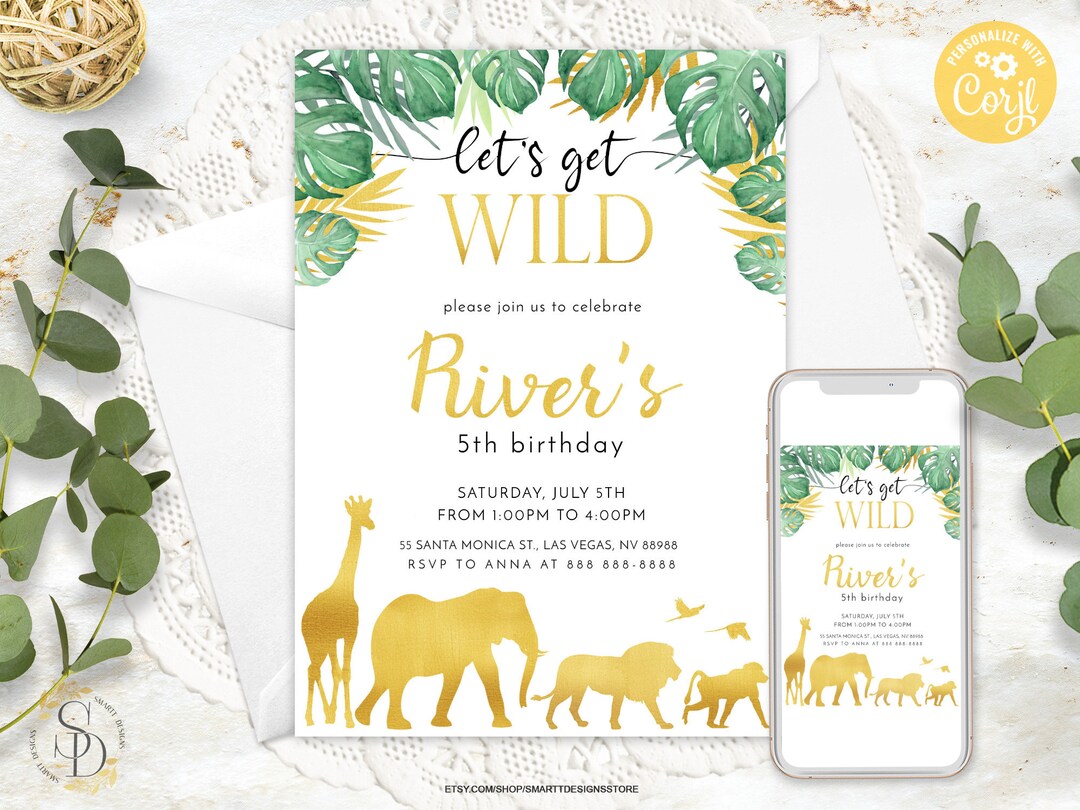 Editable Let's Get Wild Birthday Invite, Gender Neutral Wild Animals ...