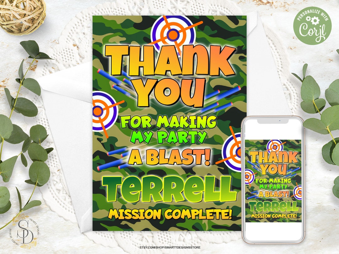 Editable Dart Gun Birthday Thank You Card, Gun Blasters Battle Party ...