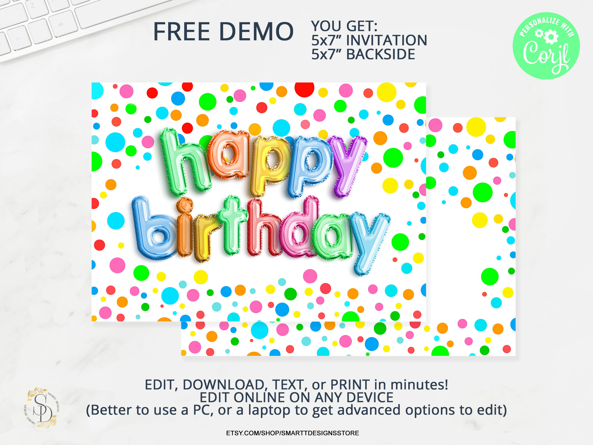 Editable Generic Birthday Card, Happy Birthday Rainbow Polka Dots Card ...
