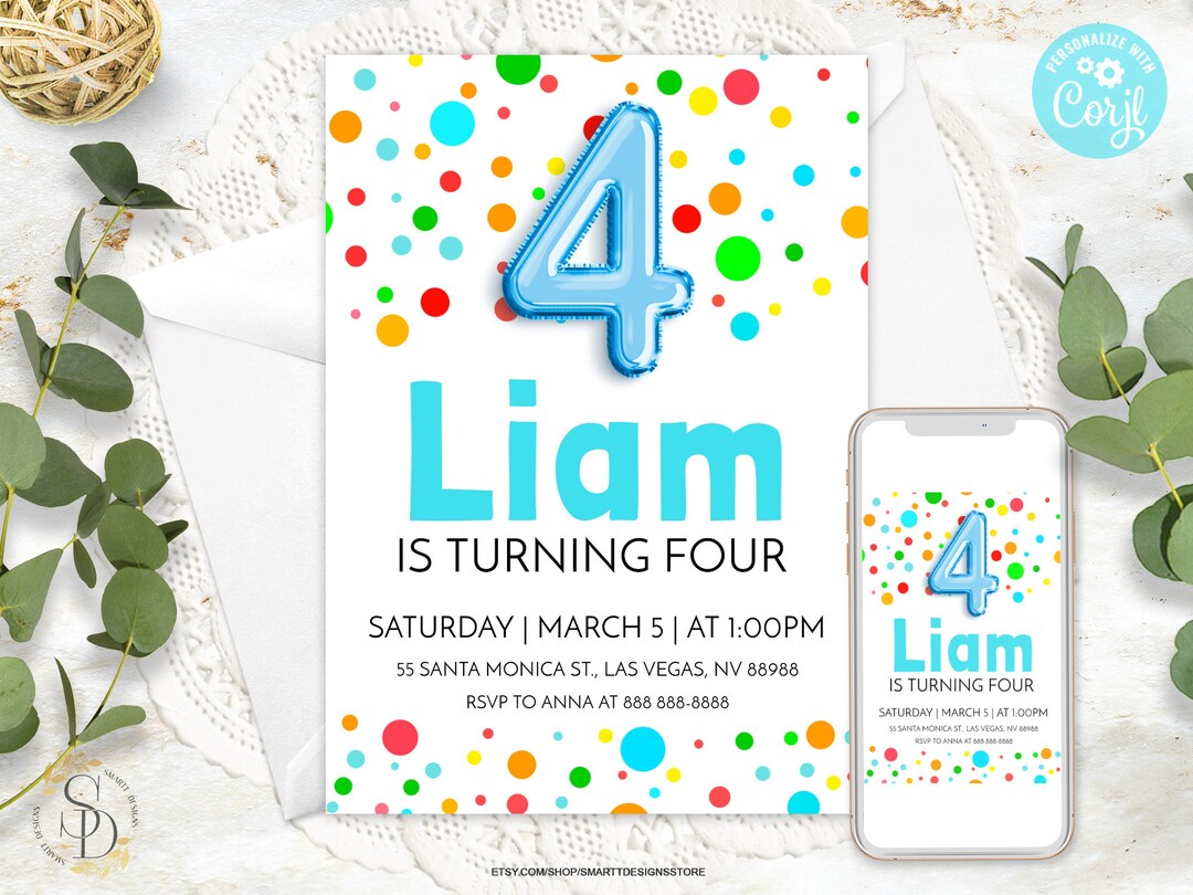 Editable Boy 4th Birthday Polka Dots Invitation, Boy Fourth Party ...