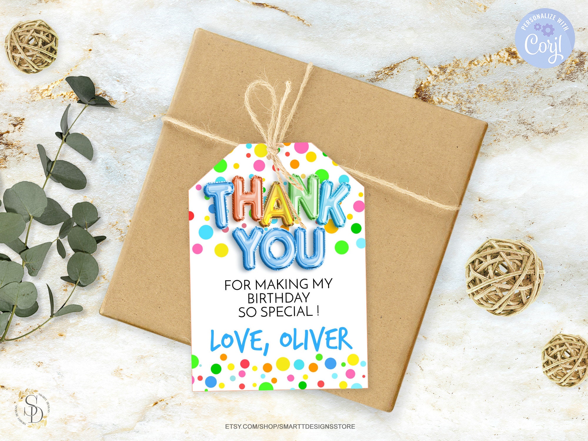 Editable Polka Dots Birthday Thank You Tag, Kids Party Favor Labels ...