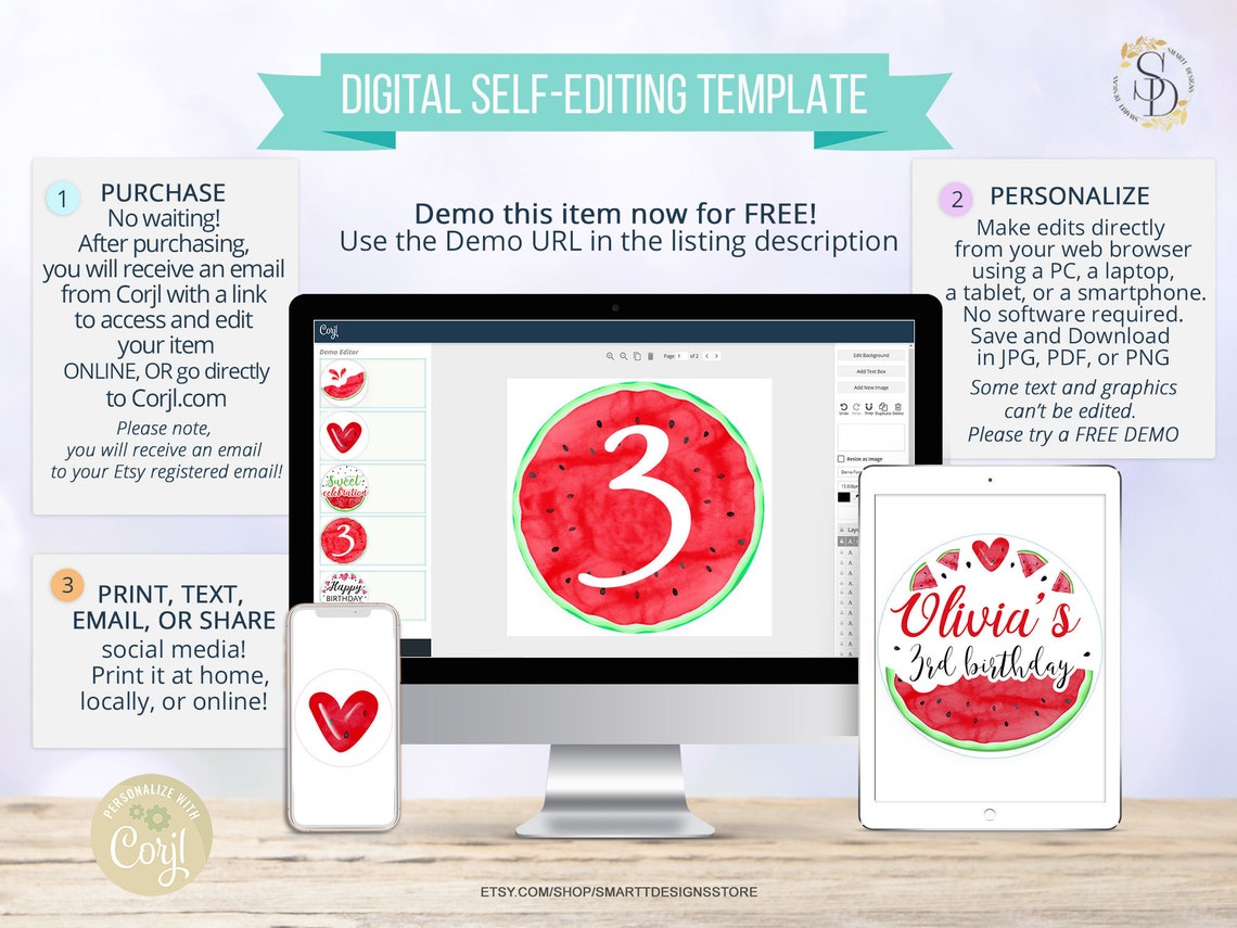 Editable Watermelon 3rd Party Cupcake Toppers Template, Girl Third ...