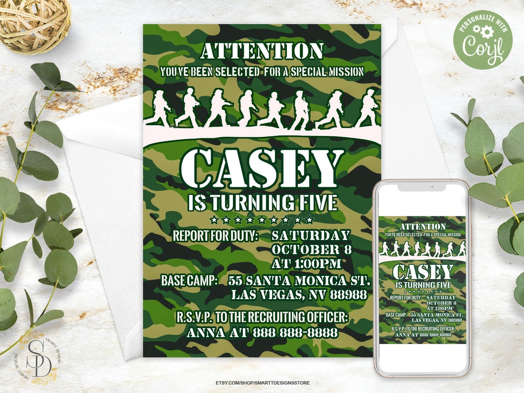 Editable Army Birthday Invitation, Military Party Invite, Army Party ...