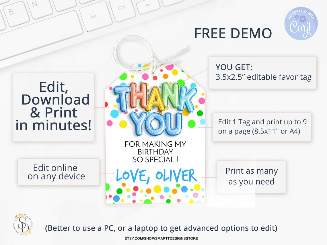 Editable Polka Dots Birthday Thank You Tag Kids Party Favor - Etsy