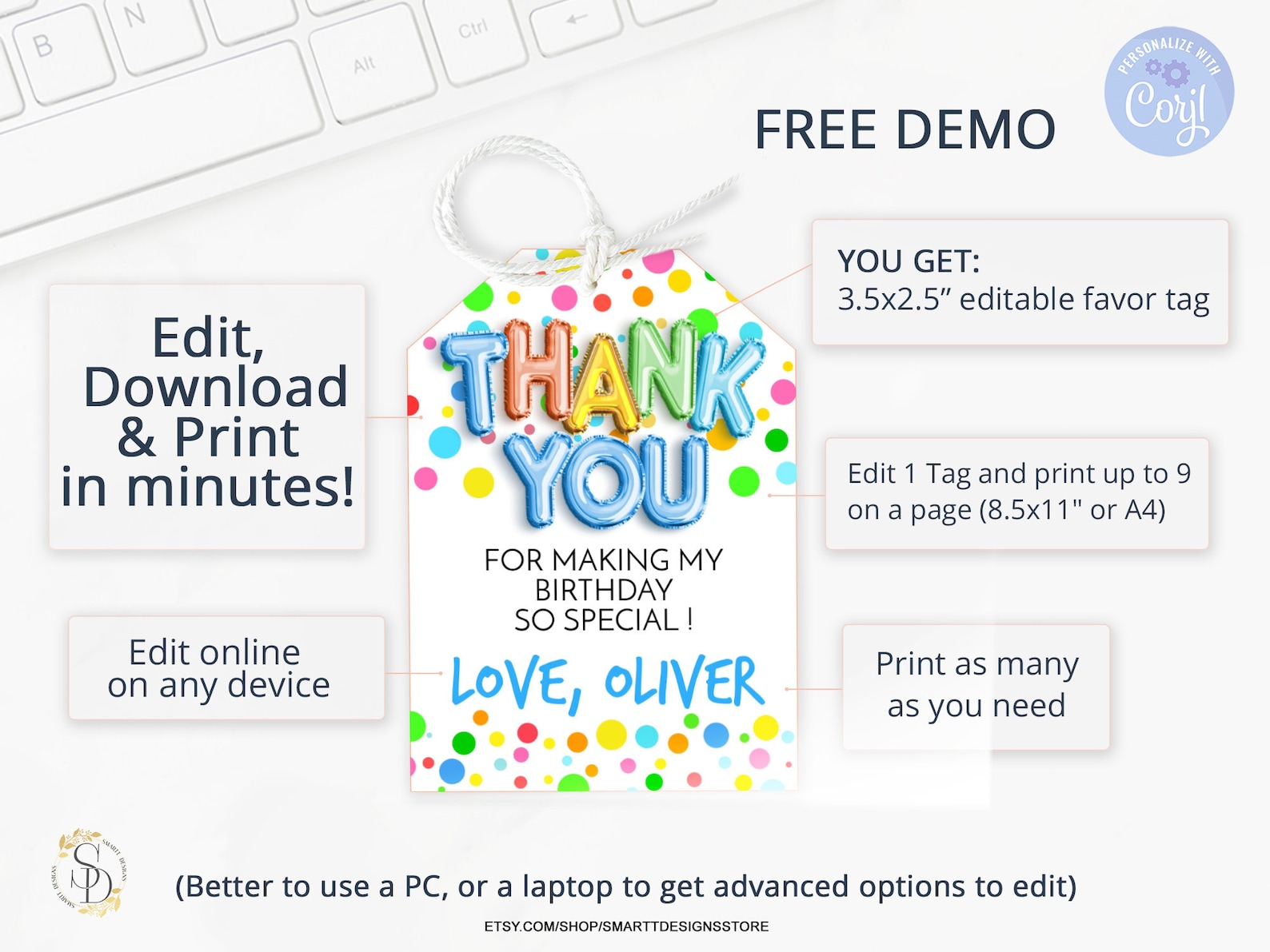 Editable Polka Dots Birthday Thank You Tag Kids Party Favor - Etsy