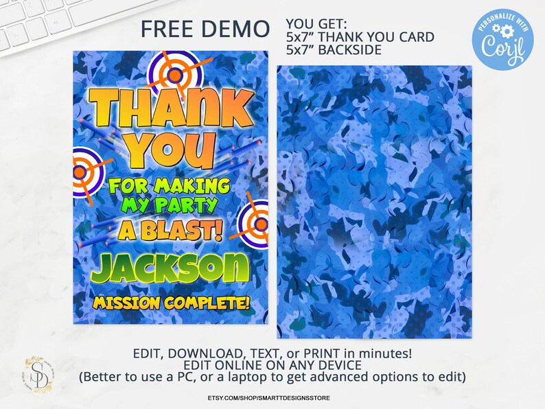 Editable Dart Gun Birthday Thank You Card Gun Blasters Battle - Etsy