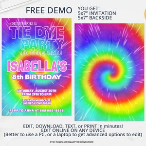 Editable Tie Dye Birthday Party Invitation, Tie Dye Girls Party Invite ...