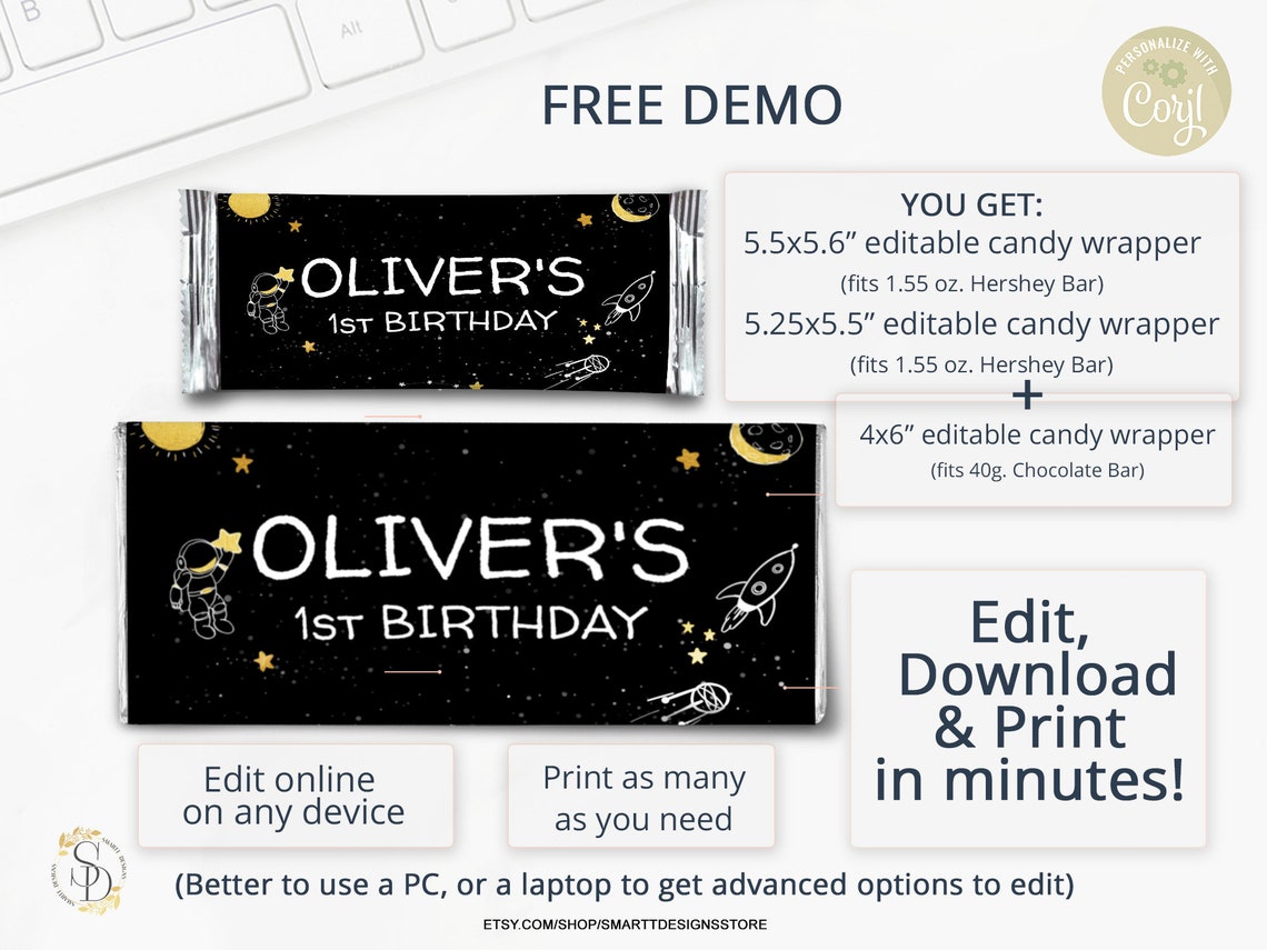 Outer Space Editable Candy Bar Wrappers, Astronaut Boy Birthday Black ...