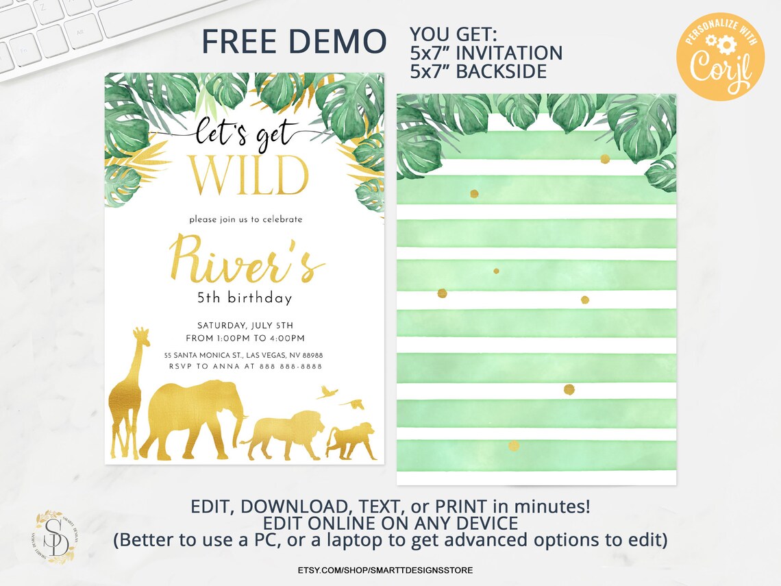 Editable Let's Get Wild Birthday Invite, Gender Neutral Wild Animals ...