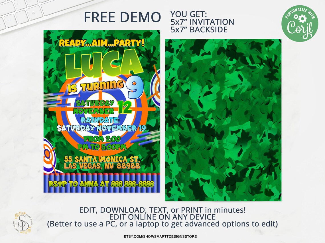 Editable Dart Gun Birthday Invitation, Gun Blasters Battle Party Invite ...