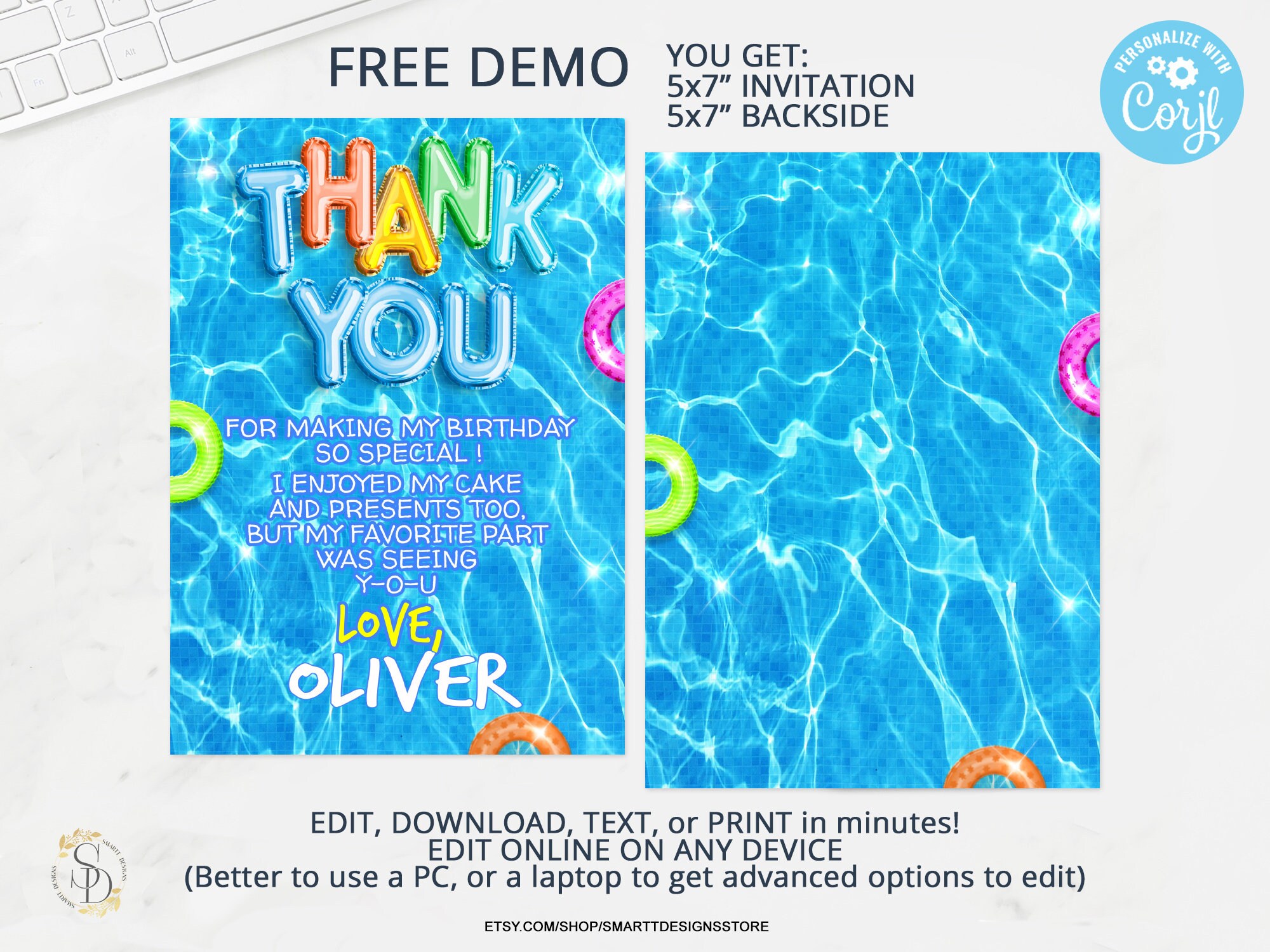 Editable Pool Party Thank You Card, Summer Pool Birthday Thank You Note ...