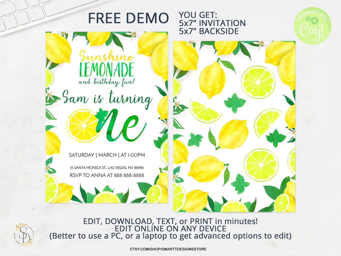 Editable Lemon First Birthday Invitation Template, Sunshine Lemonade ...